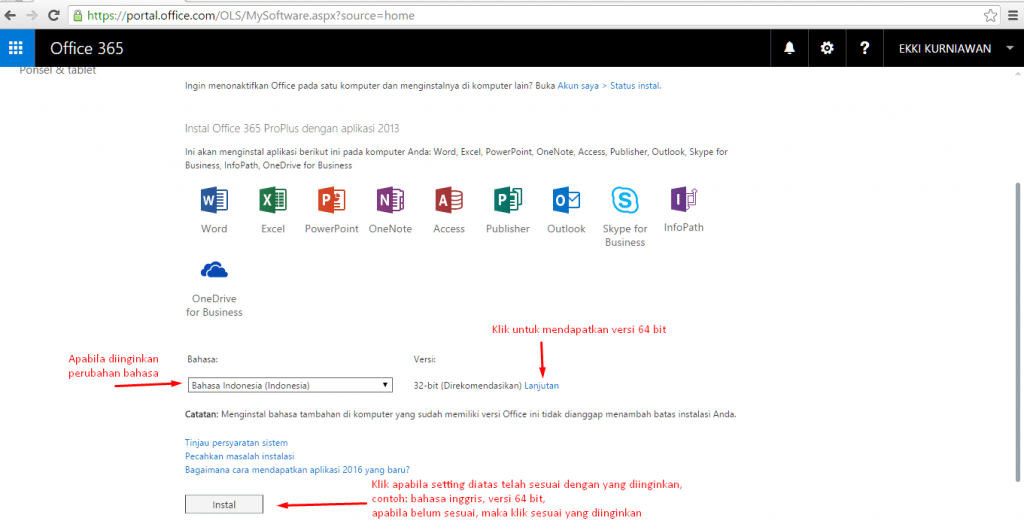 Download the 64-bit version from Microsoft Online - Office 365 for Tel-U